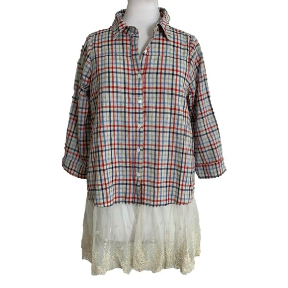 Hayden | Tops | Hayden Small Check Tunic Shirt Lace Bottom Check Cotton ...